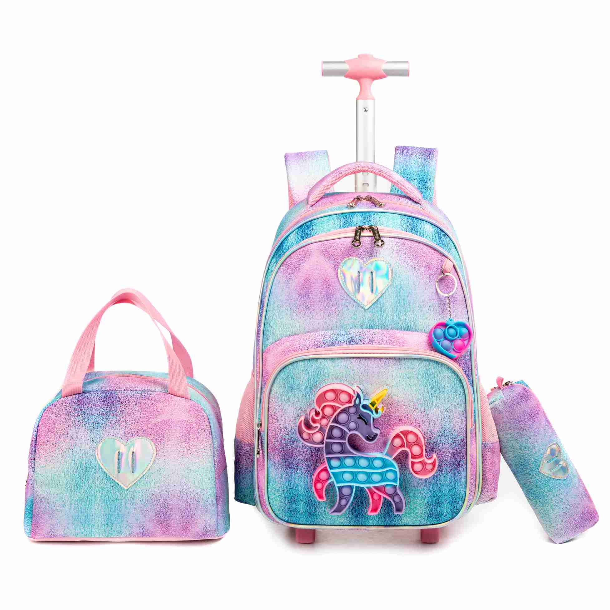10807T-3 17" Kids Roller Wheels Bookbag Pink Unicorn Rolling Backpack ...